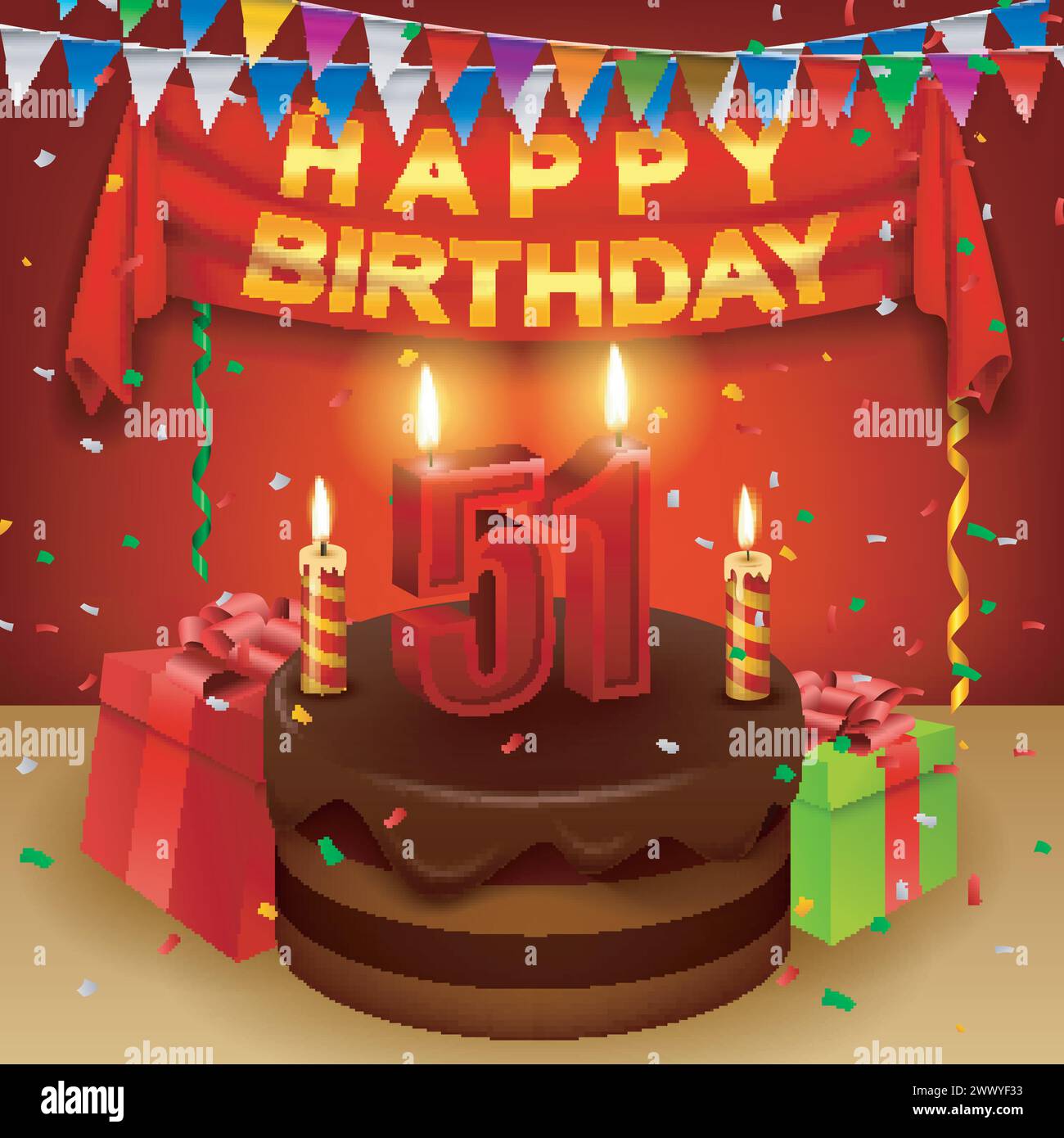 Happy 51st Birthday with chocolate cream cake and triangular flag ...