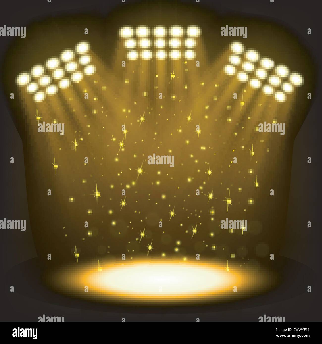 Bright Stadium Spotlights on Dark Gold Background, Vector Illustration ...