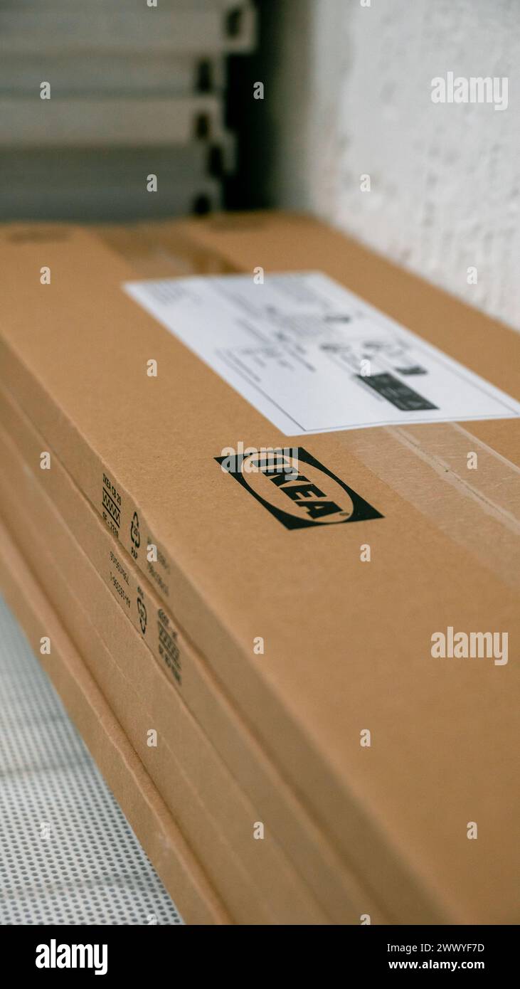 Jurmala, Latvia - 18 02 2024: Side view on Brown box of Ikea furniture ...