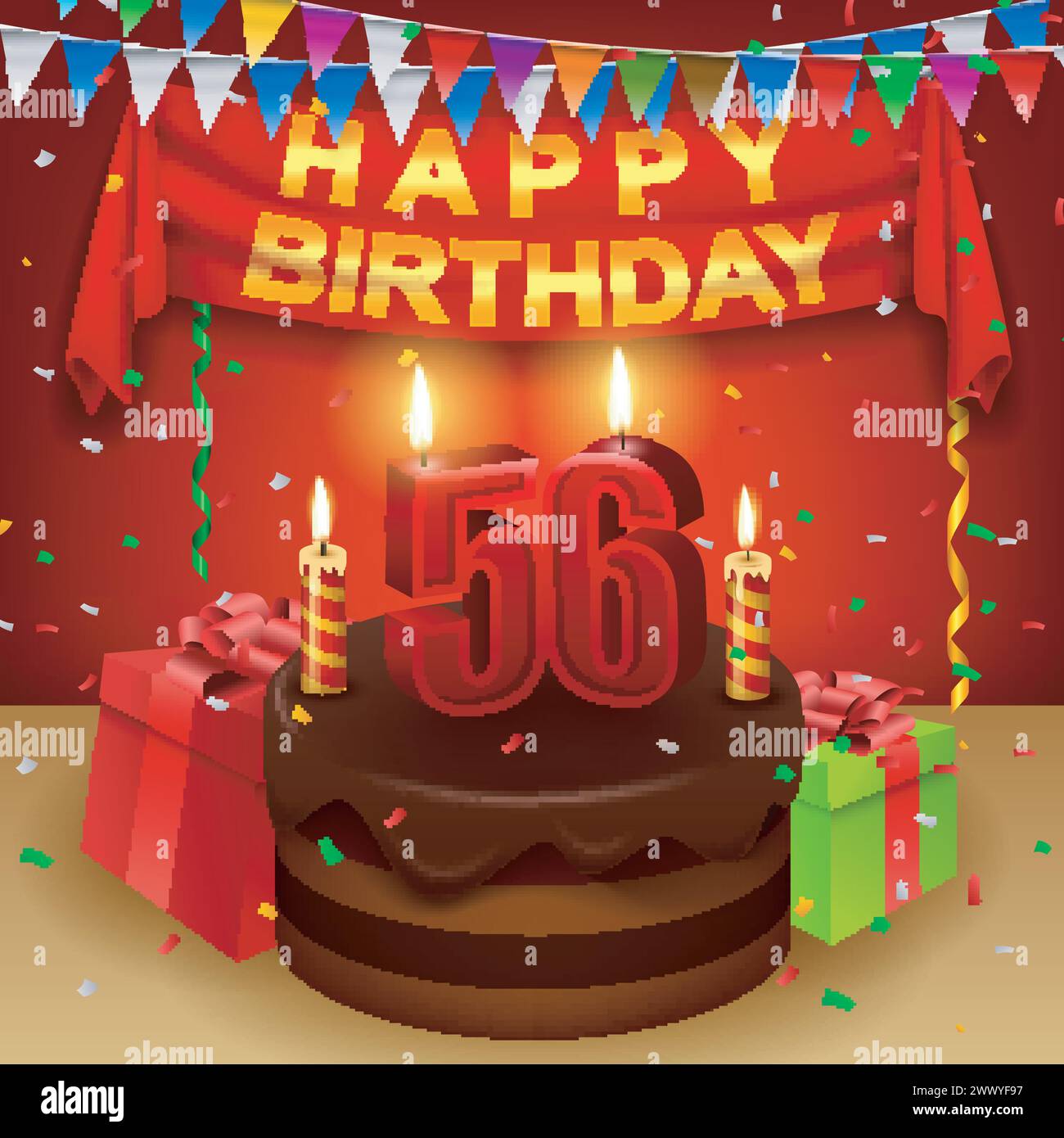 Happy 56th Birthday with chocolate cream cake and triangular flag ...