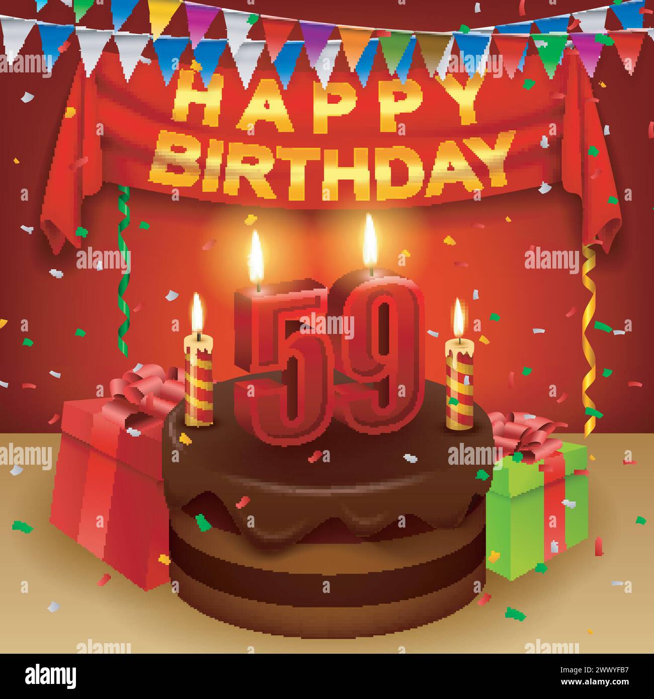 Happy 59th Birthday with chocolate cream cake and triangular flag ...