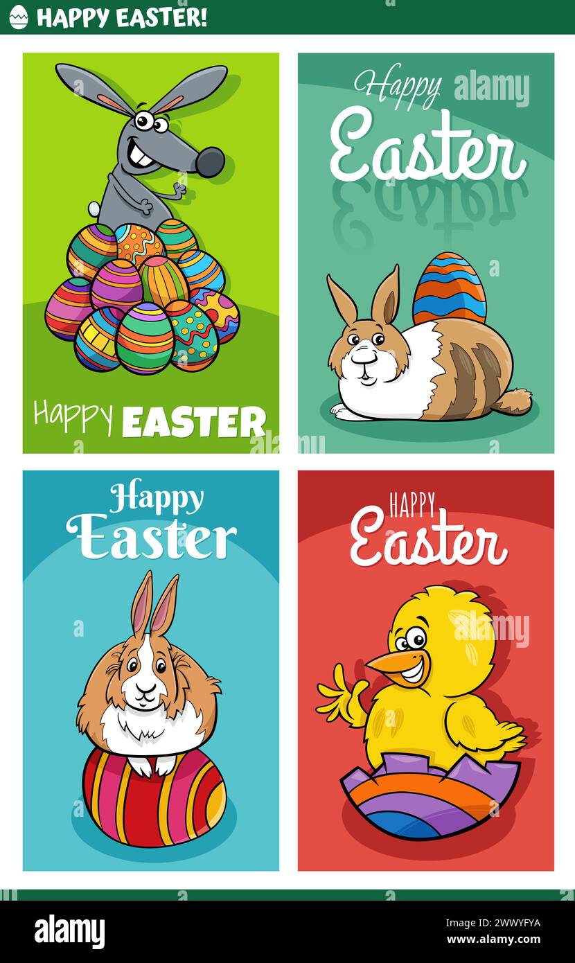 Cartoon illustration of Easter holiday greeting cards designs set with ...