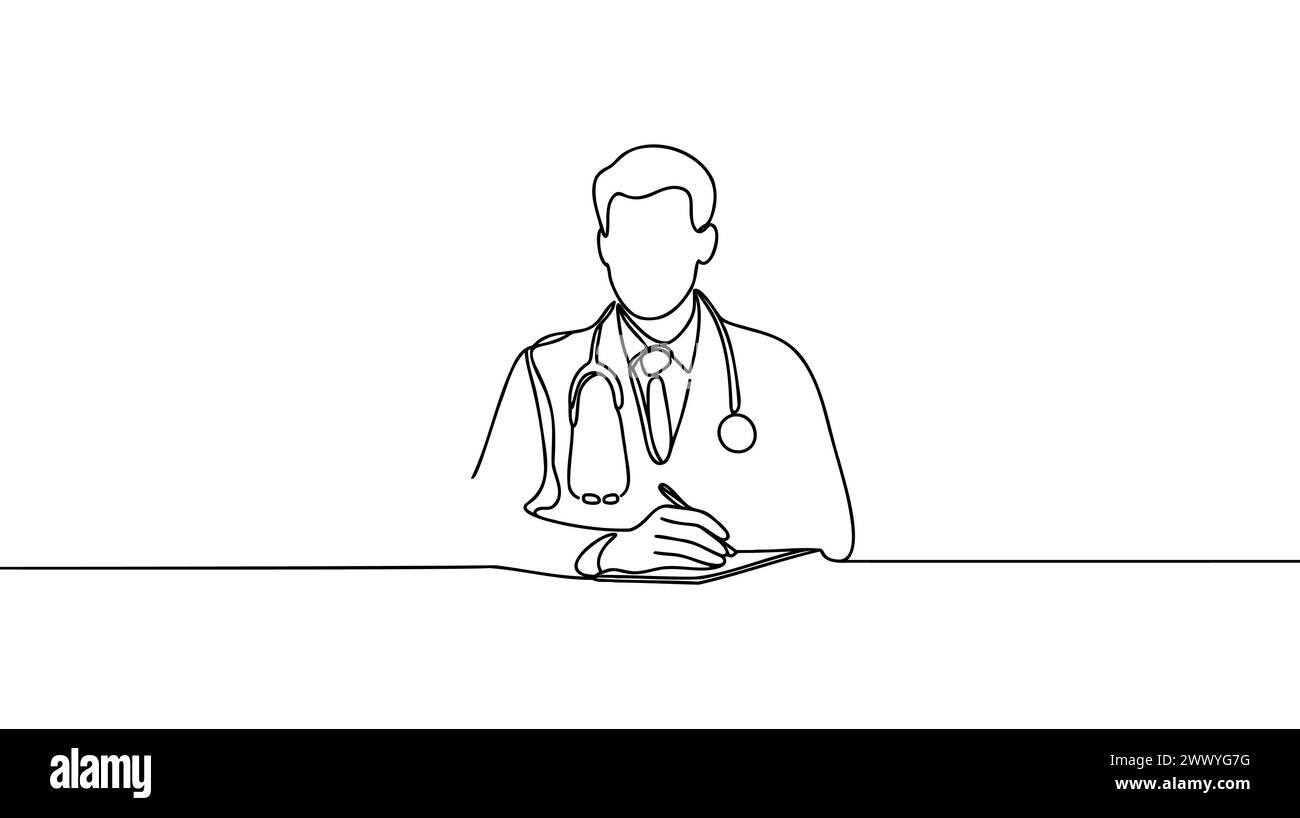 Continuous line drawing of doctors silhouette. Hospital scene. Template ...
