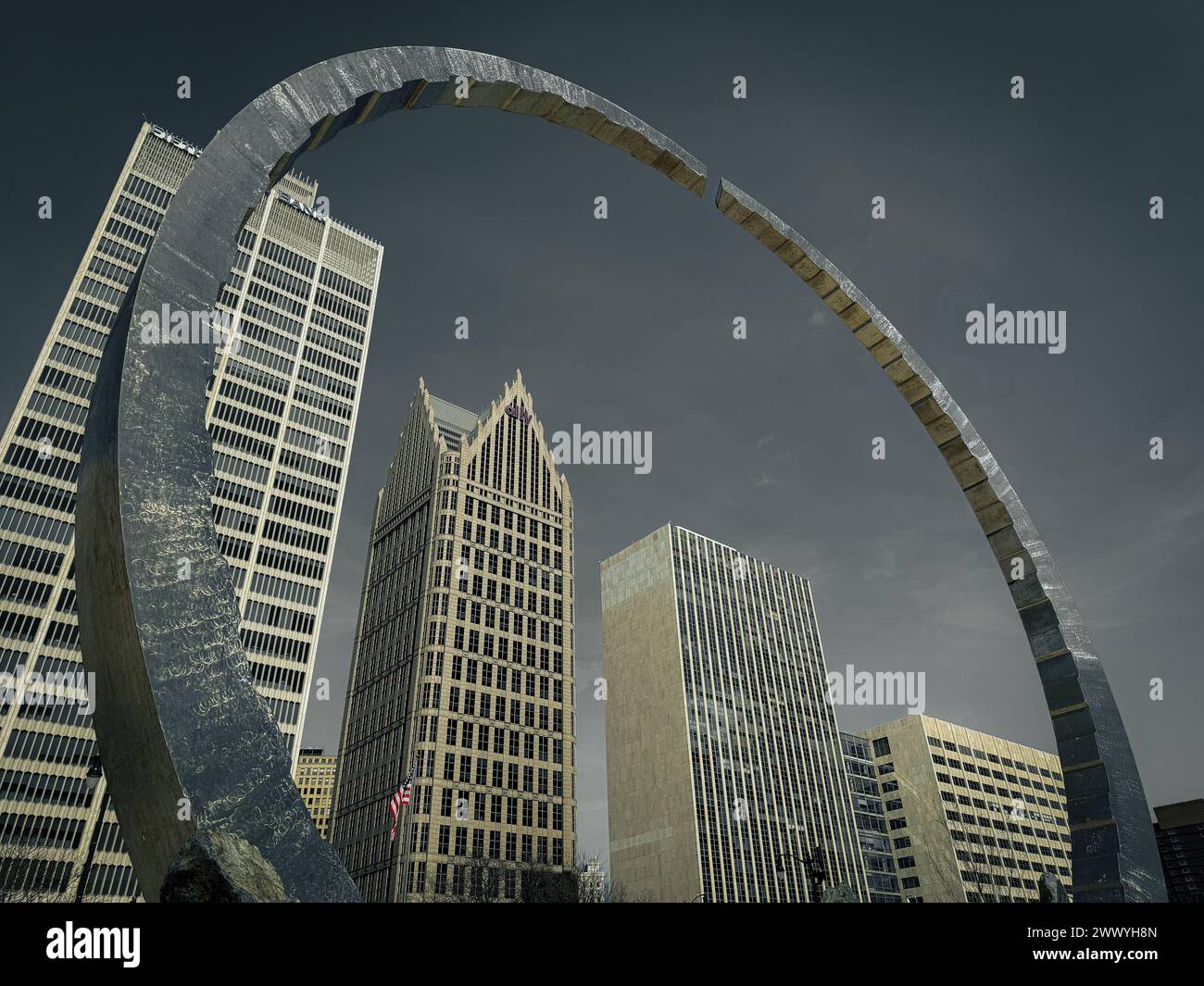 Arch at the Hart Plaza under Blue Sky with Skyscrapers Stock Photo - Alamy
