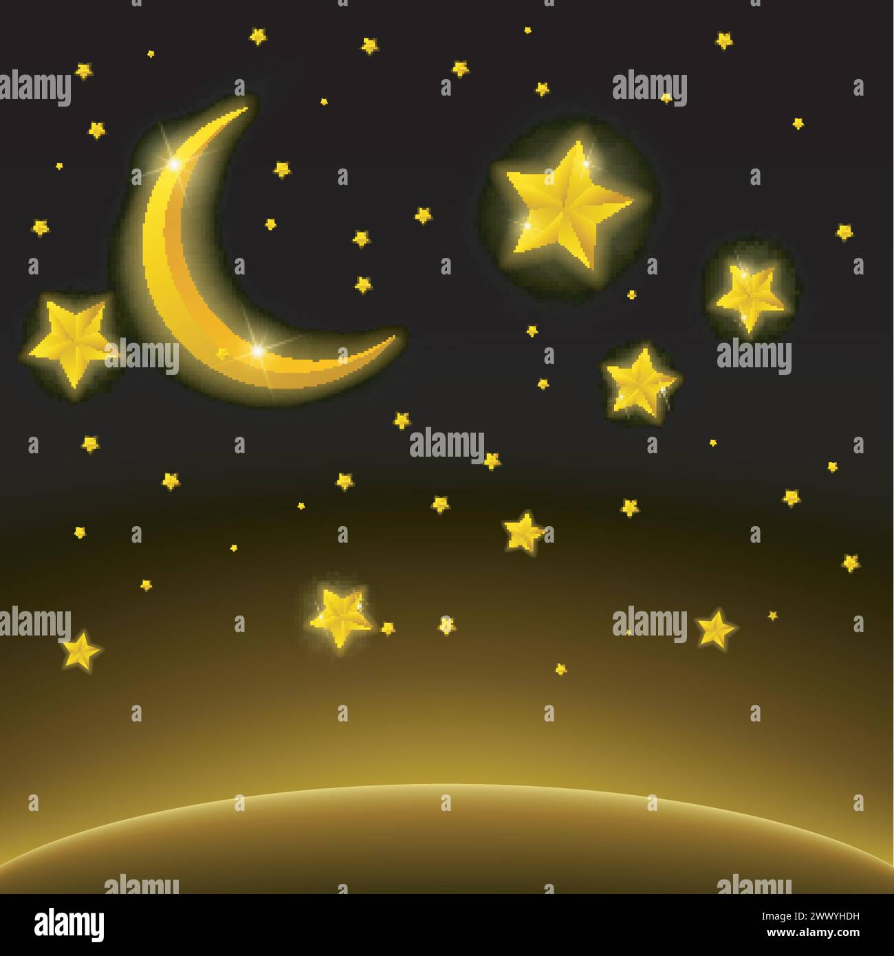 Golden crescent moon and stars on space background, Vector Illustration ...
