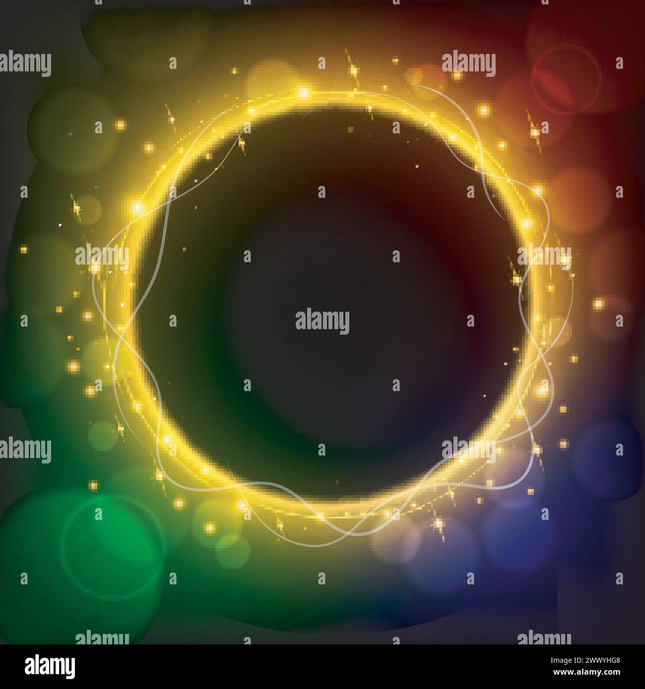 Golden light circle glowing on rainbow colored background, Vector ...