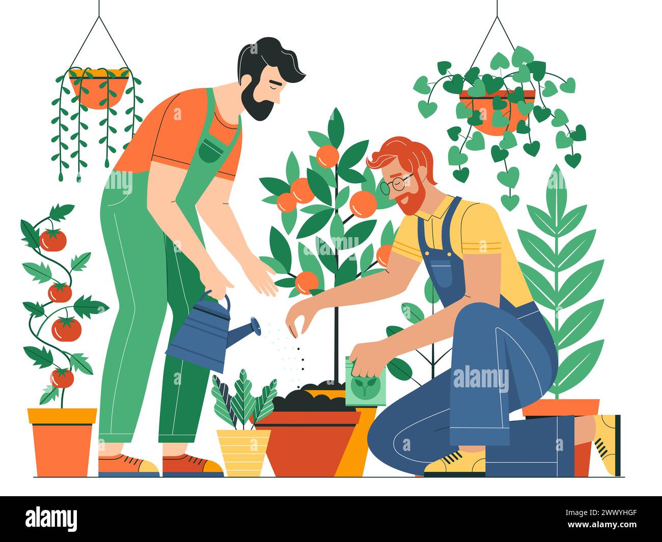 Gay Couple Planting and Watering Vegetable Plants Stock Vector Image ...
