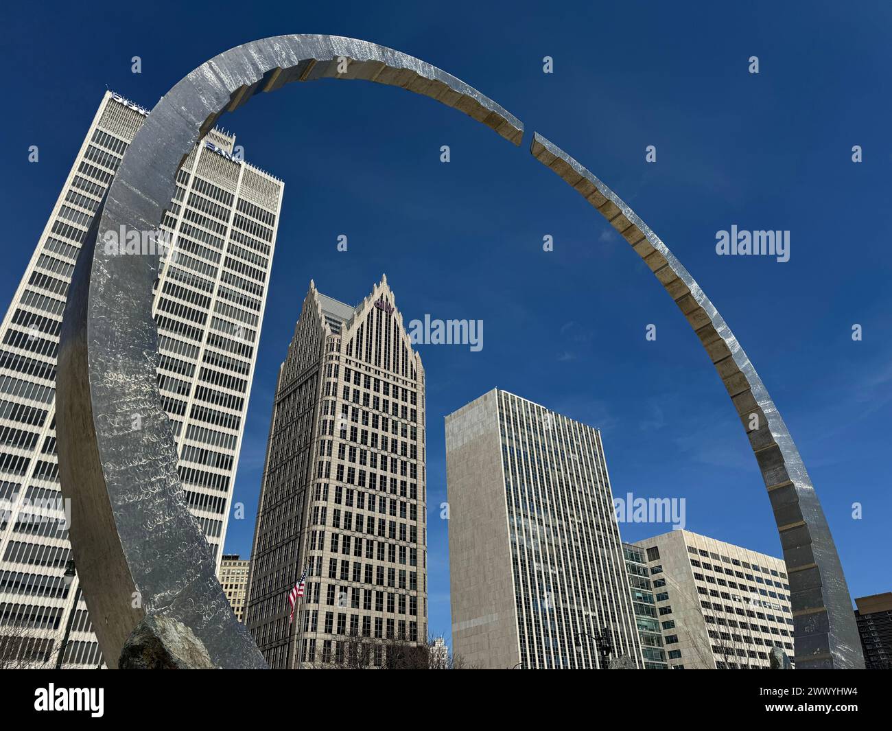 Arch at the Hart Plaza under Blue Sky with Skyscrapers Stock Photo - Alamy