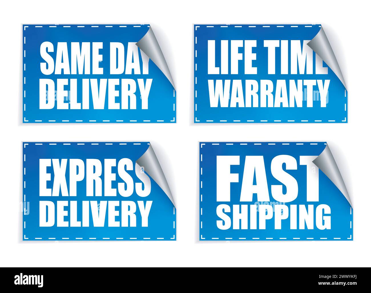 Promotion Blue Rectangle Stickers With Curl Sets, Vector Illustration ...