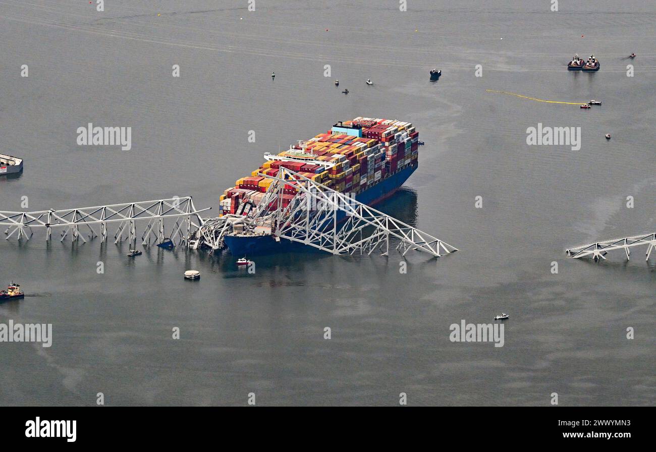 Baltimore, United States. 26th Mar, 2024. A damaged container ship ...