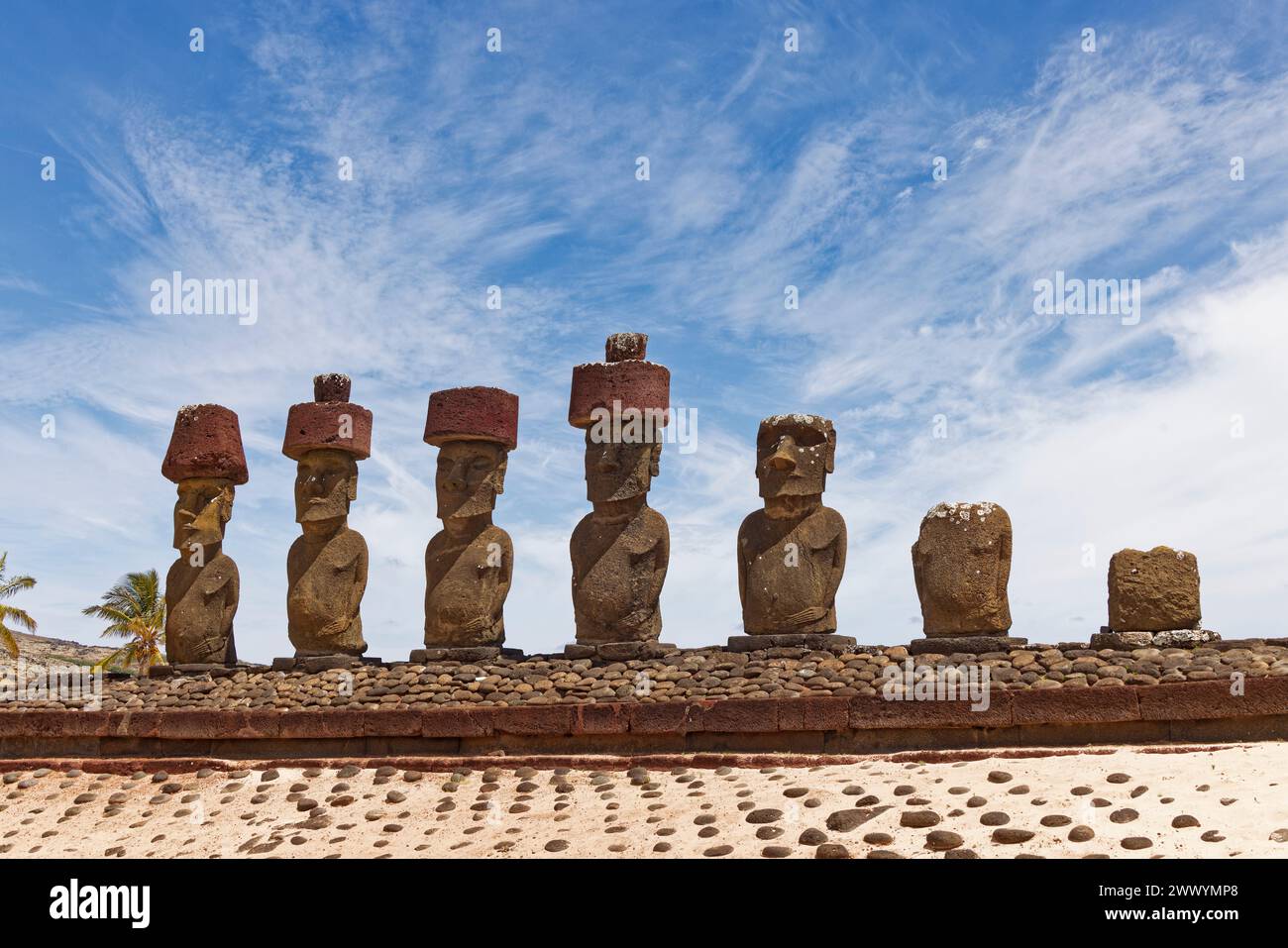 Archaeological site of Ahu Nau Nau with its seven Moaïs. Rapa Nui ...
