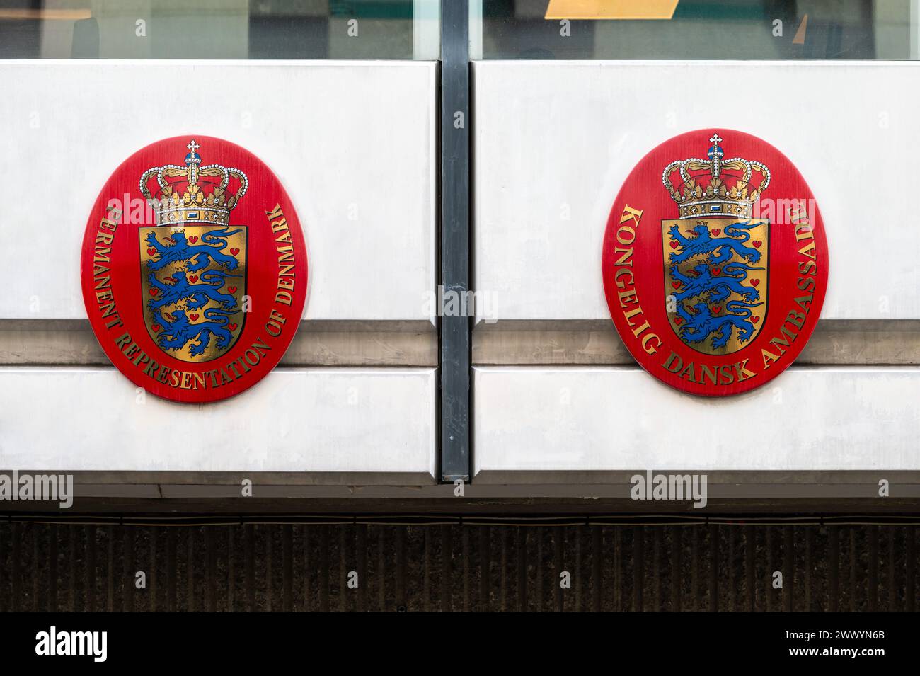 Brussels, Belgium, March 15, 2024 - Sign and emblem of the embassy of ...