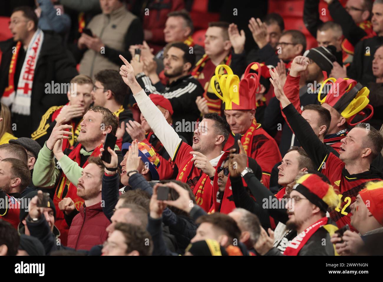 London, UK. 26th Mar, 2024. Belgium's supporters pictured during a ...