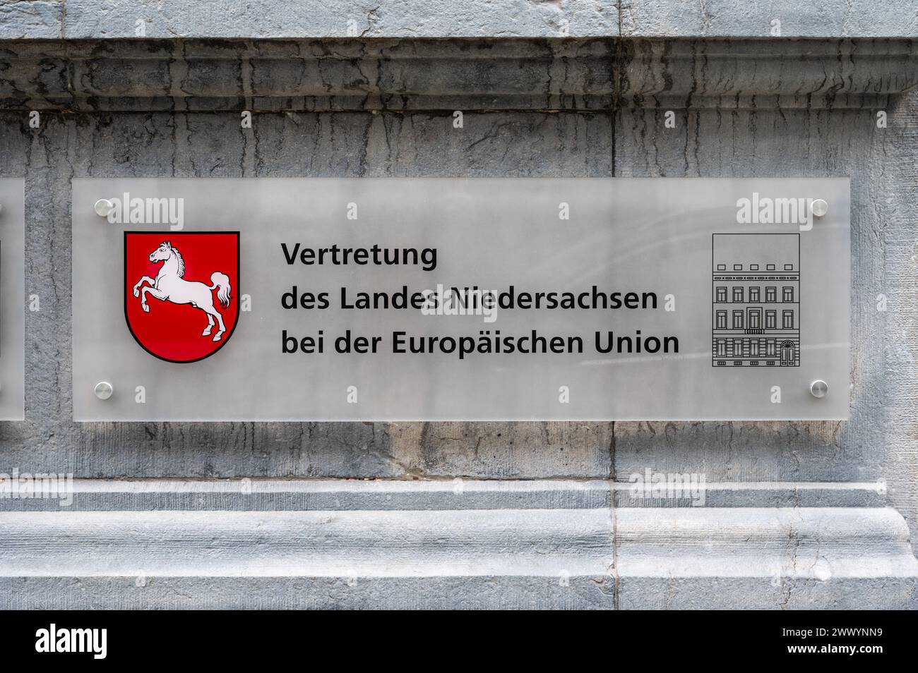 Brussels, Belgium, March 15, 2024 - Sign and logo of the Embassy of ...