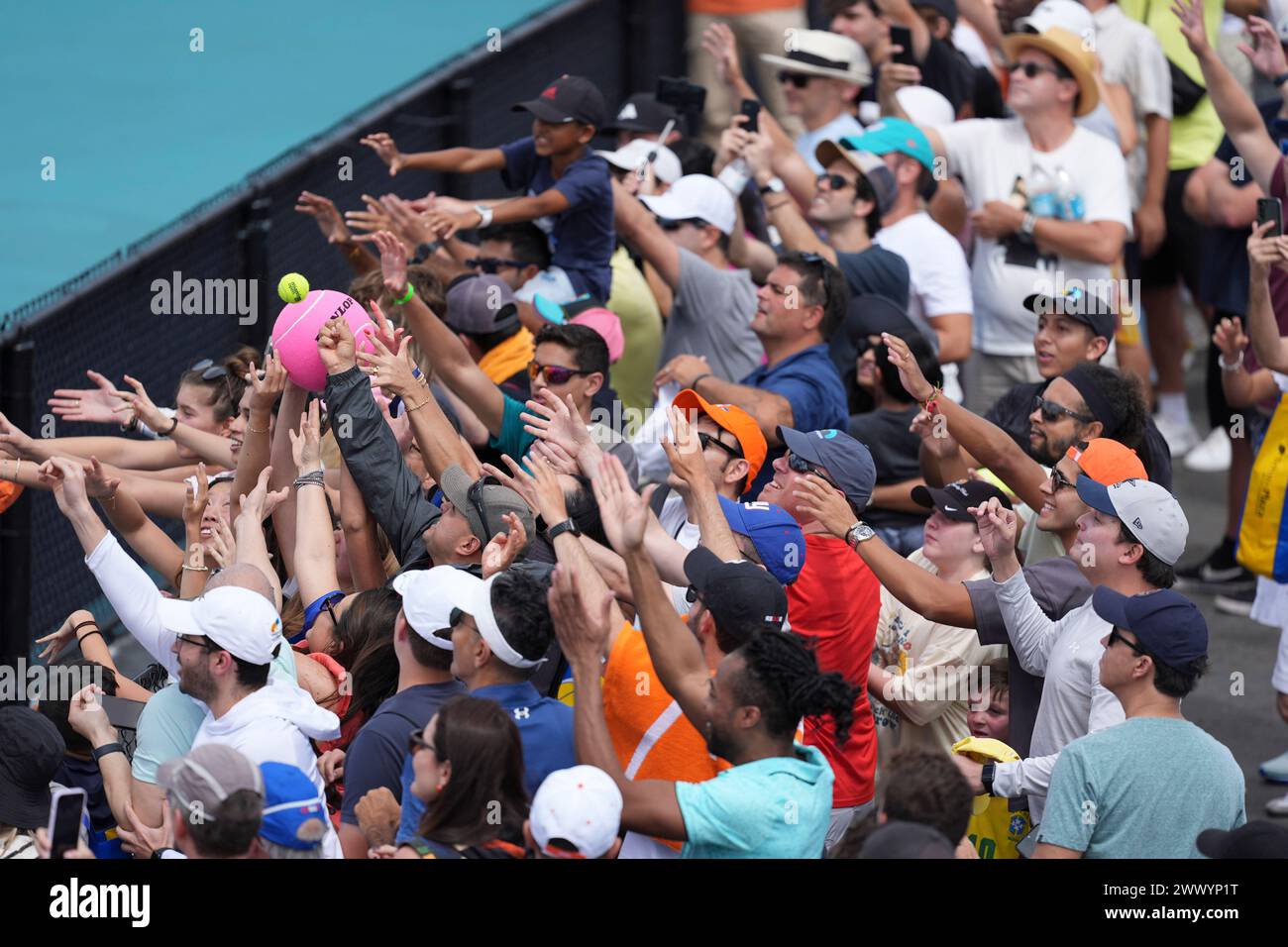 Miami, Florida, USA. 26th Mar, 2024. Fans reach for an autograph ball ...