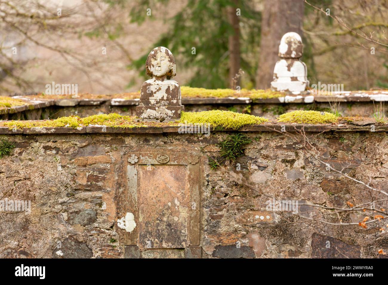 Stone carved figures on top of the Clan Clan Macnab Burial Ground is on ...