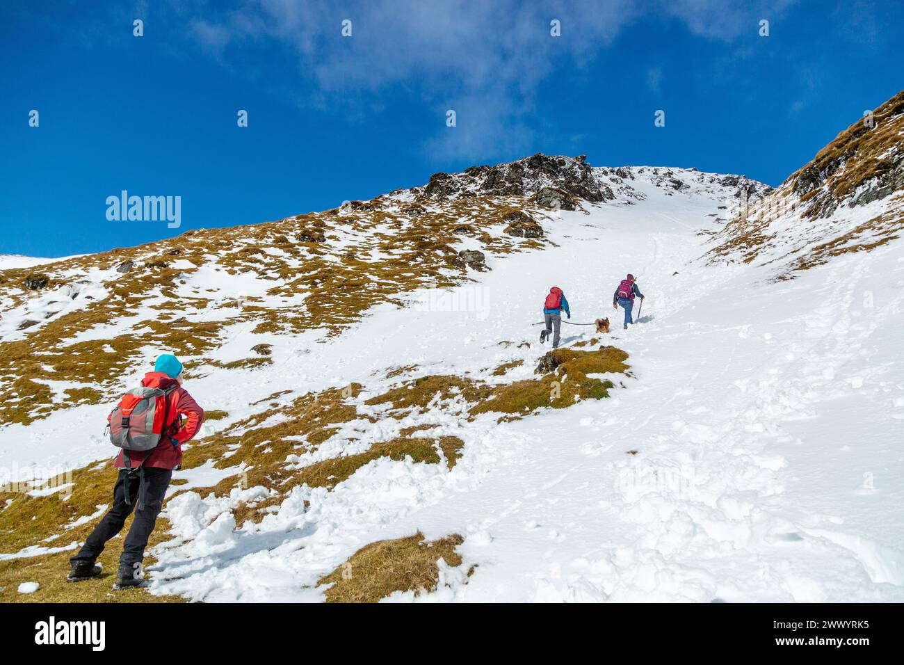 Walkers in a snow gully on the ascent to the Munro Meall nan Tarmachan ...