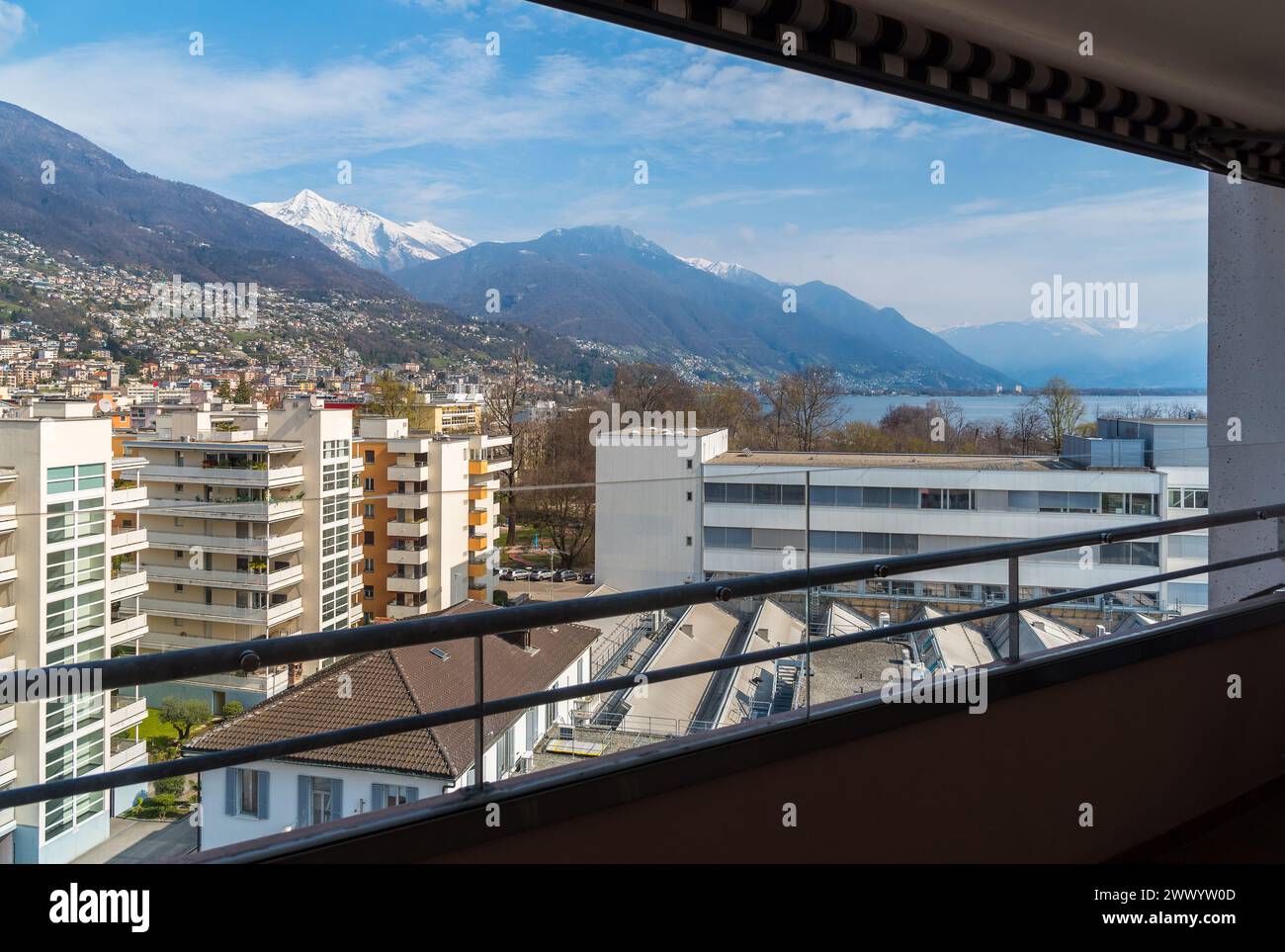 The city of Locarno with modern buildings seen from above, Ticino ...