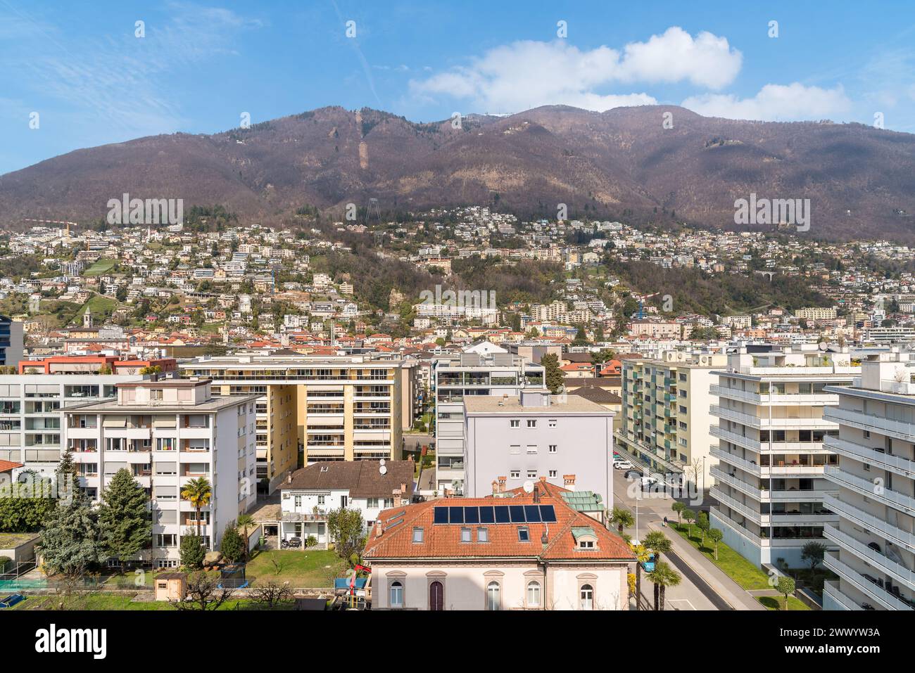 The city of Locarno with modern buildings seen from above, Ticino ...