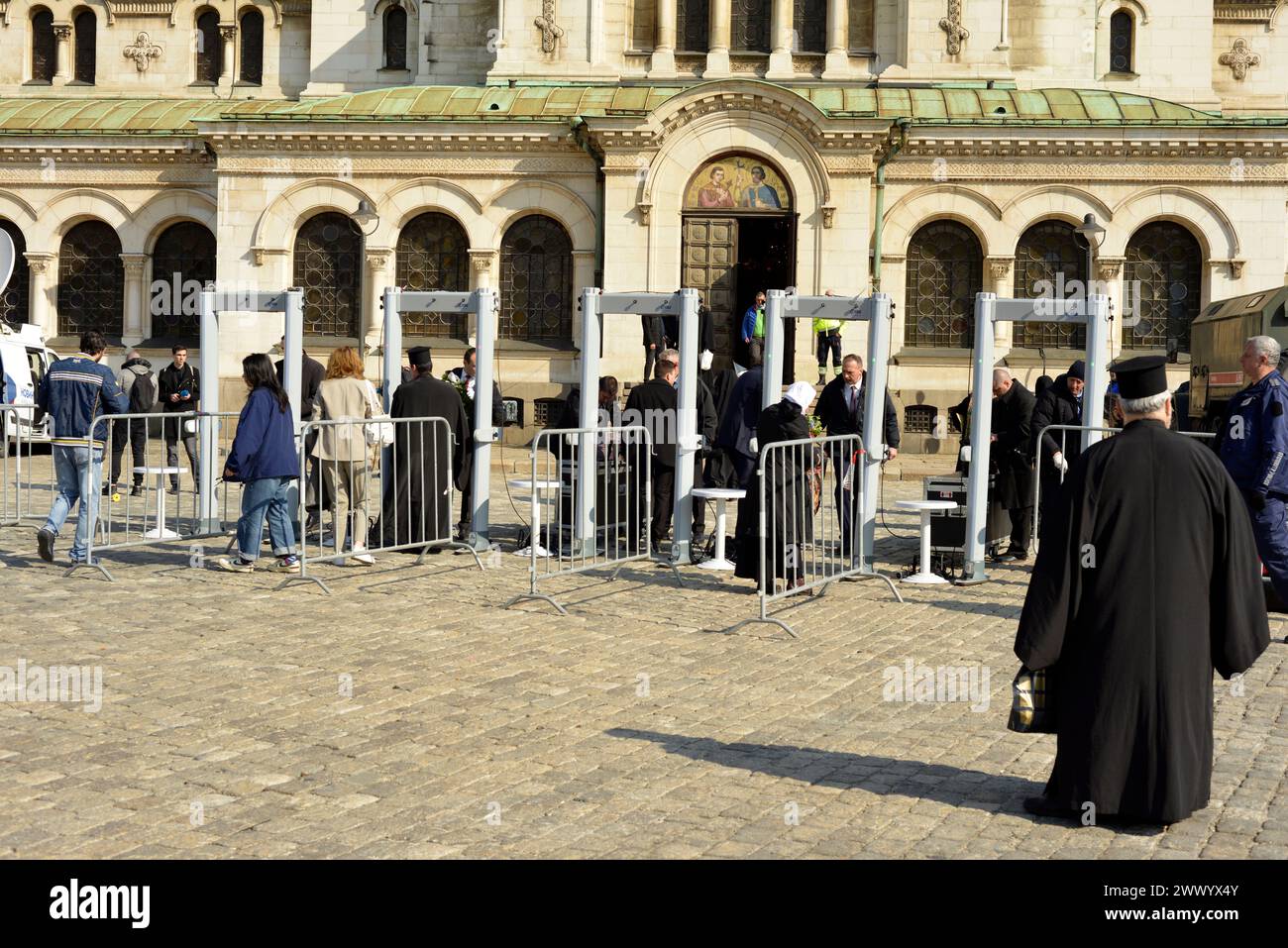 Security checkpoint with walk-through metal detectors at the St ...