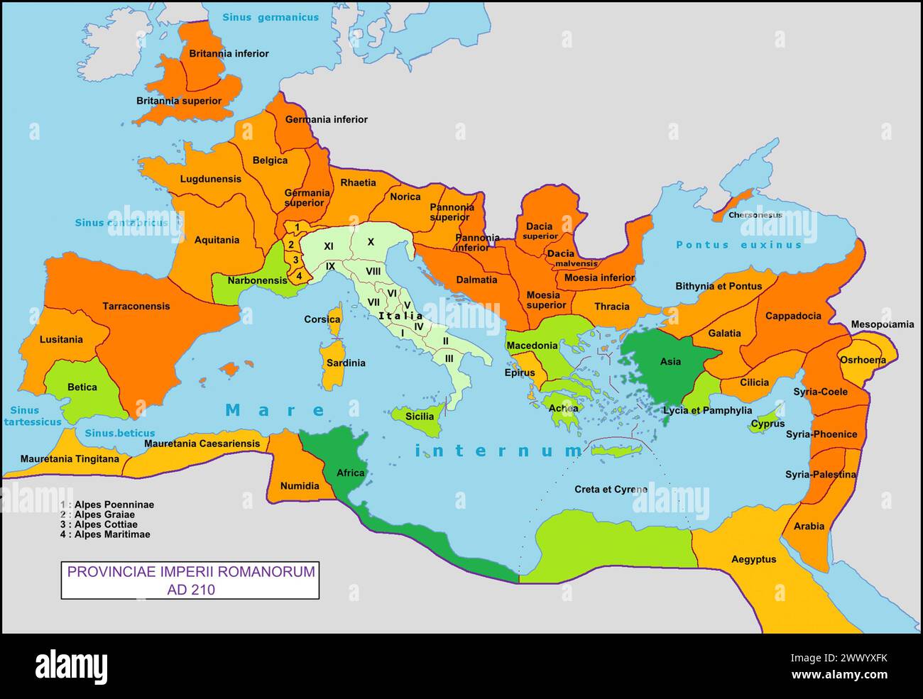 Map of the Roman Empire with the provinces of 210 AD Stock Photo - Alamy