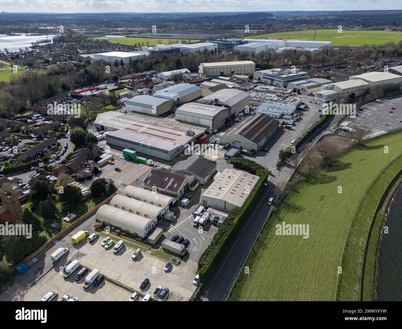 Aerial view of the main Shepperton Studios (TW17) site in Surrey, UK ...
