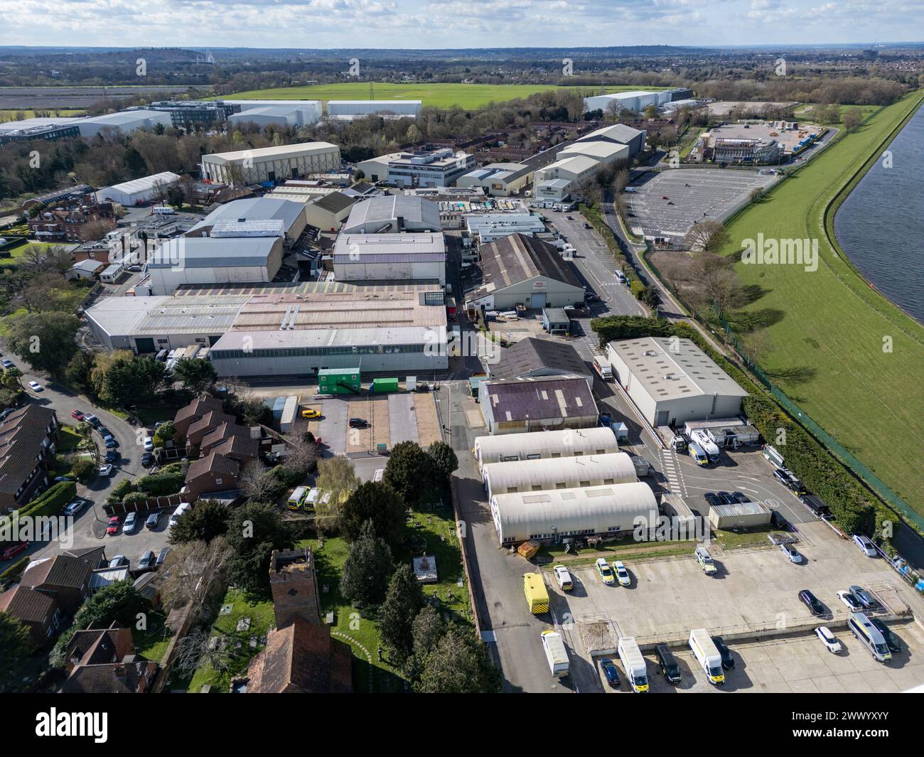 Aerial view of the main Shepperton Studios (TW17) site in Surrey, UK ...