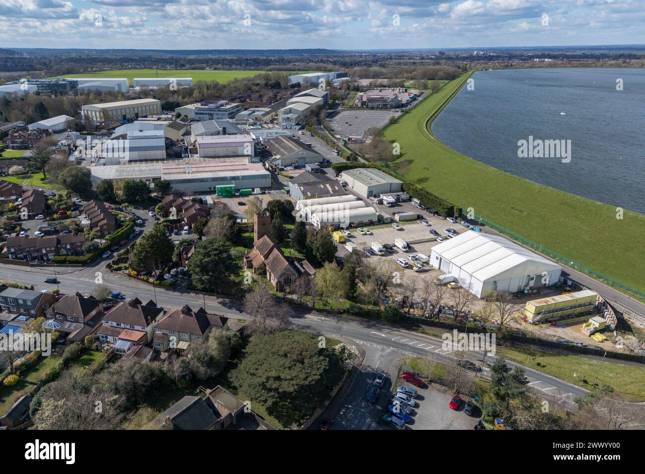 Aerial view of the main Shepperton Studios (TW17) site in Surrey, UK ...