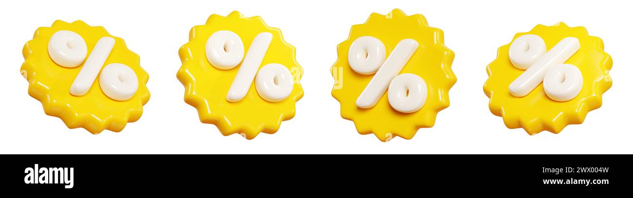 Yellow starburst sticker with percent sign floating in air. 3D render ...
