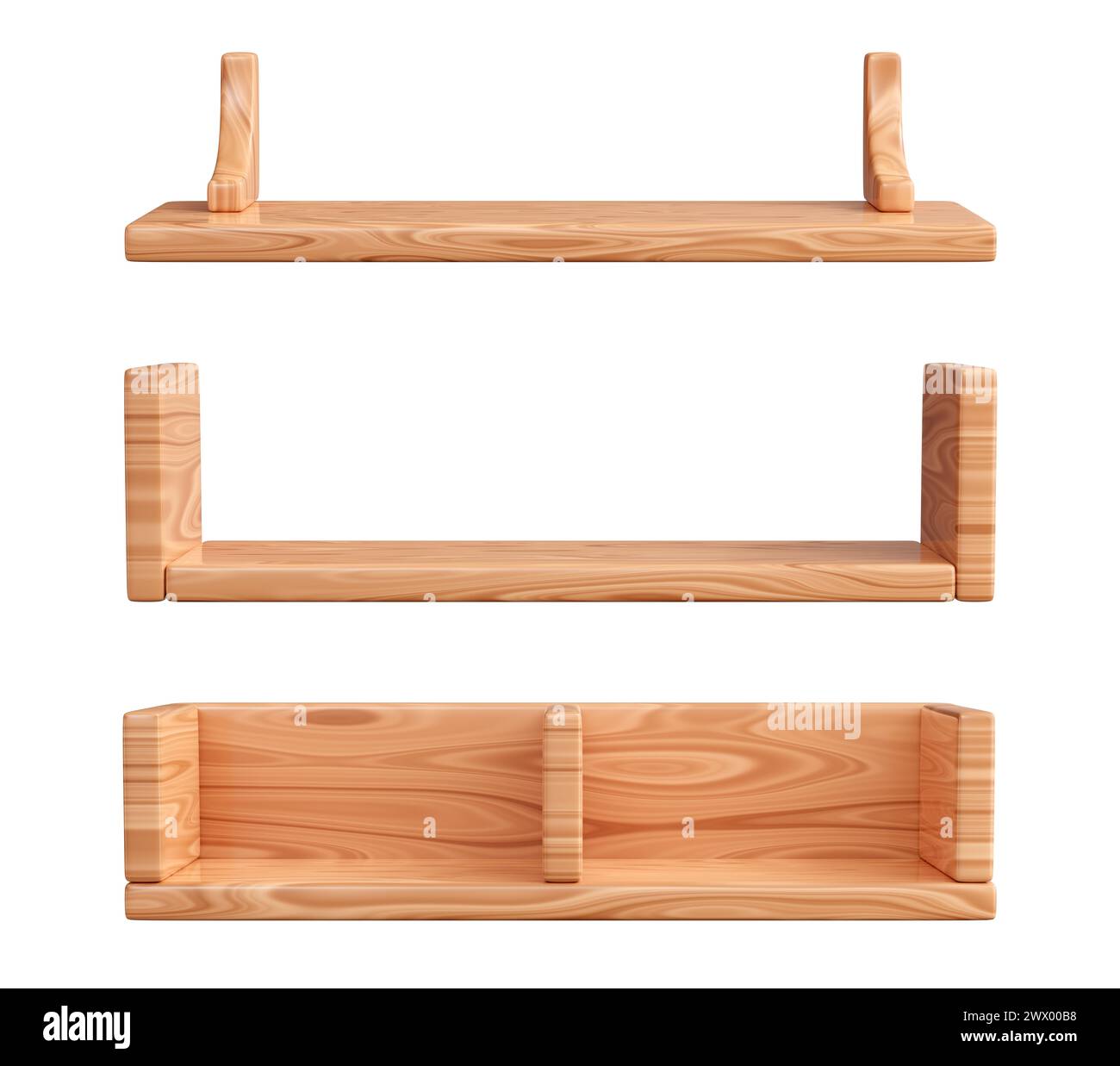 Empty wooden wall shelf with different mounting. 3D render illustration ...