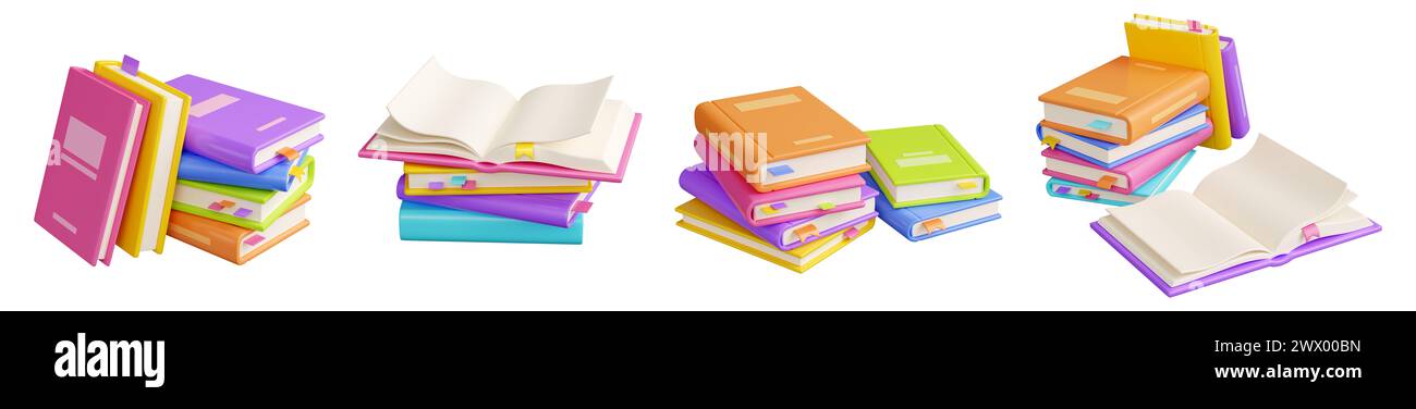 Stack of paper close and open books with hard cover and bookmarks lay ...