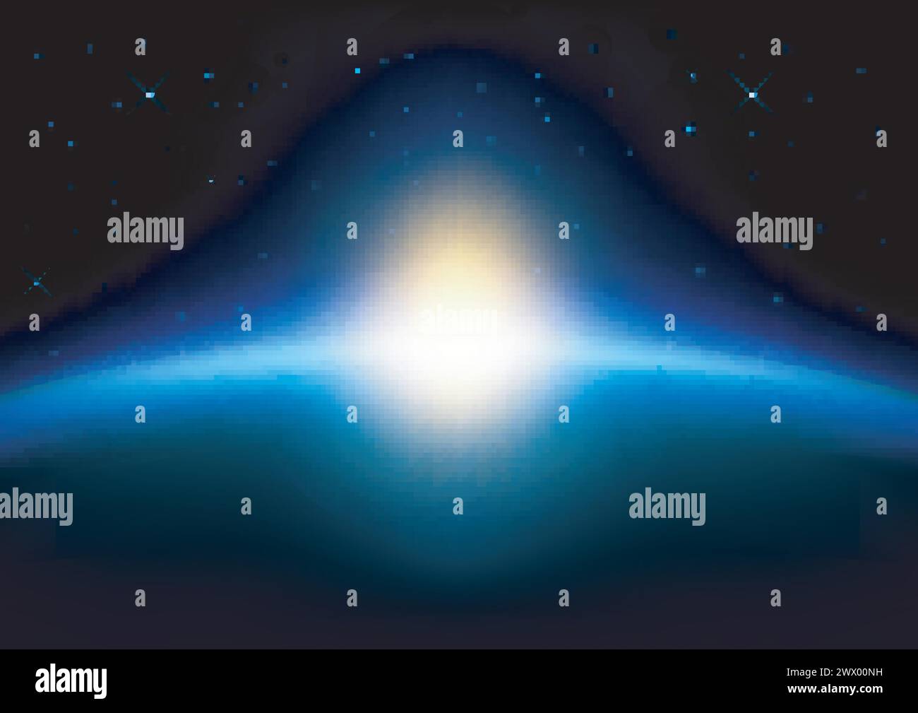 Rising Sun On Earth On Blue Glowing Background, Vector Illustration ...