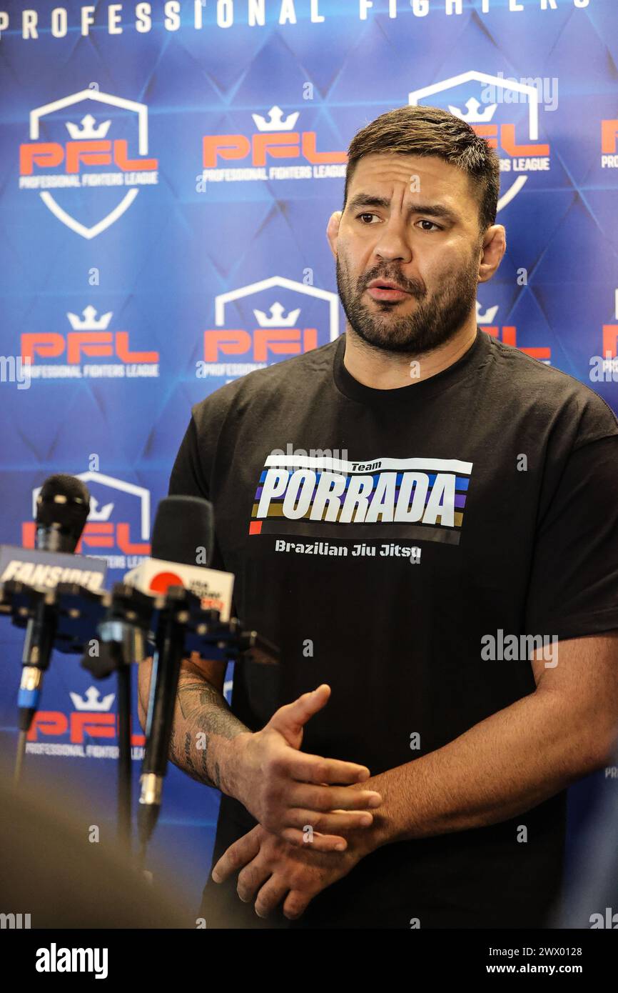 Las Vegas. 26th Mar, 2024. Heavyweight Marcelo Nunes (10-2) speaks to ...