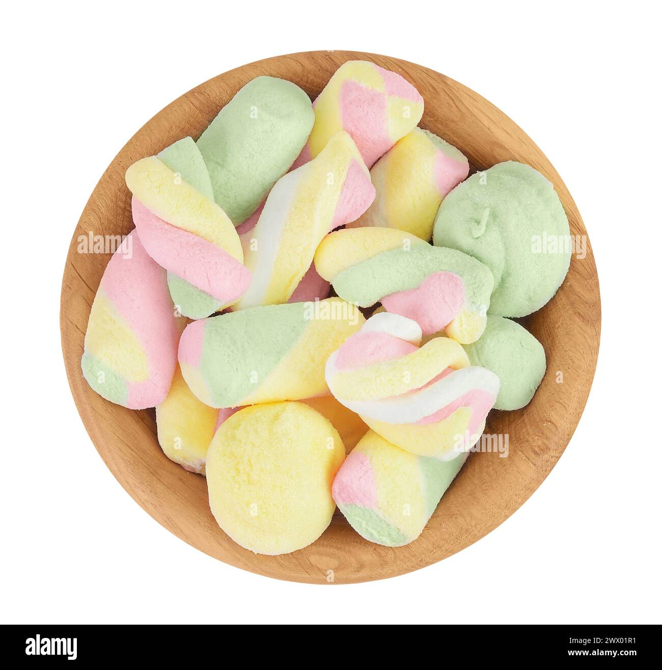 Colorful mini marshmallows in wooden bowl isolated on white background ...