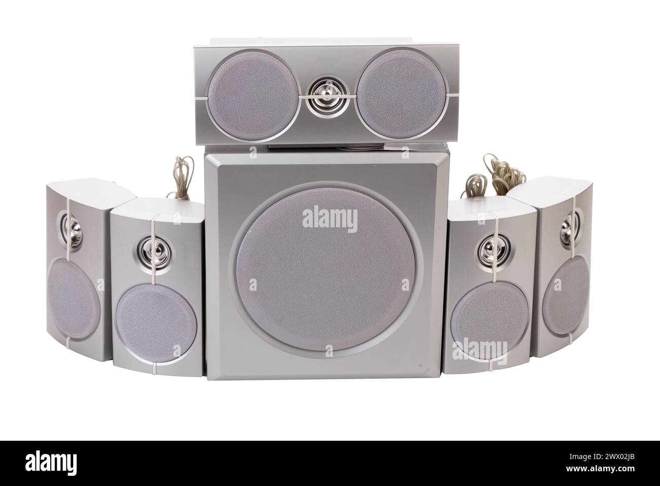 Six elements of the surround sound system. Isolated over white ...