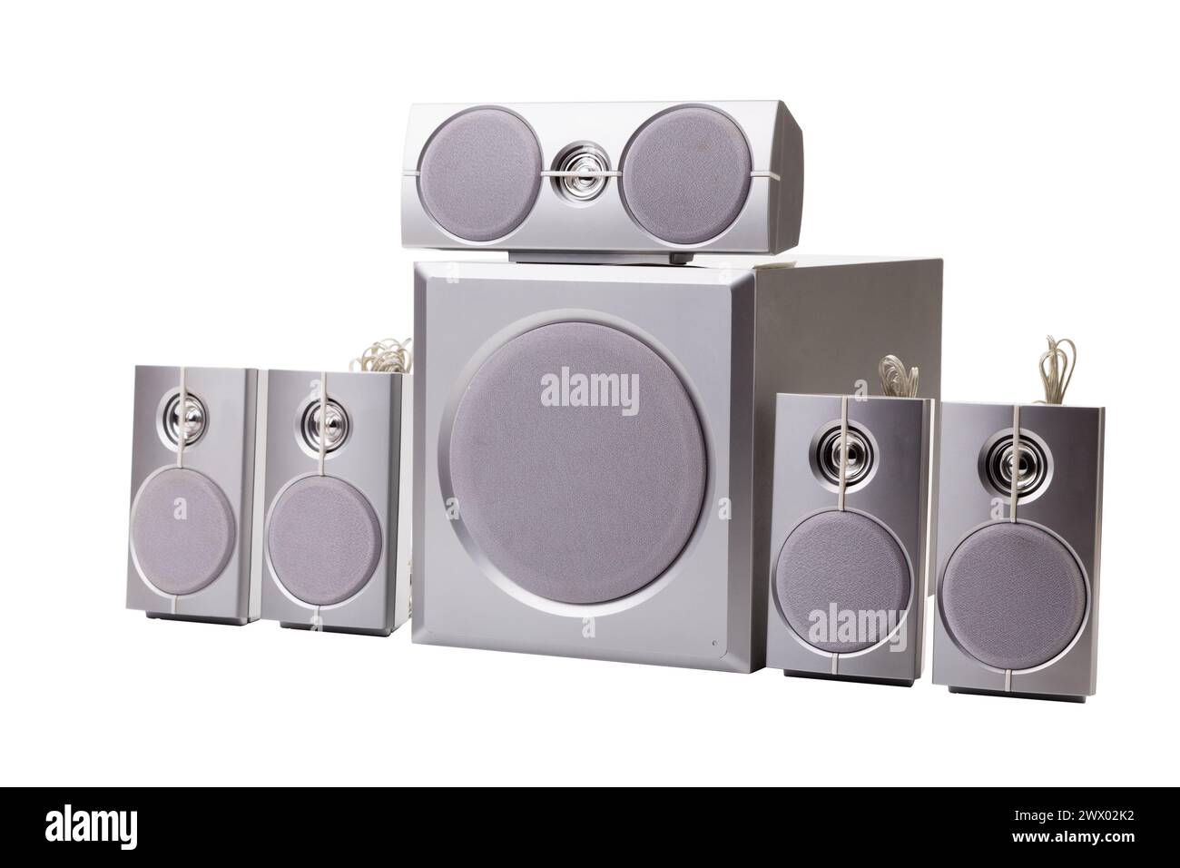 Six elements of the surround sound system. Isolated over white ...