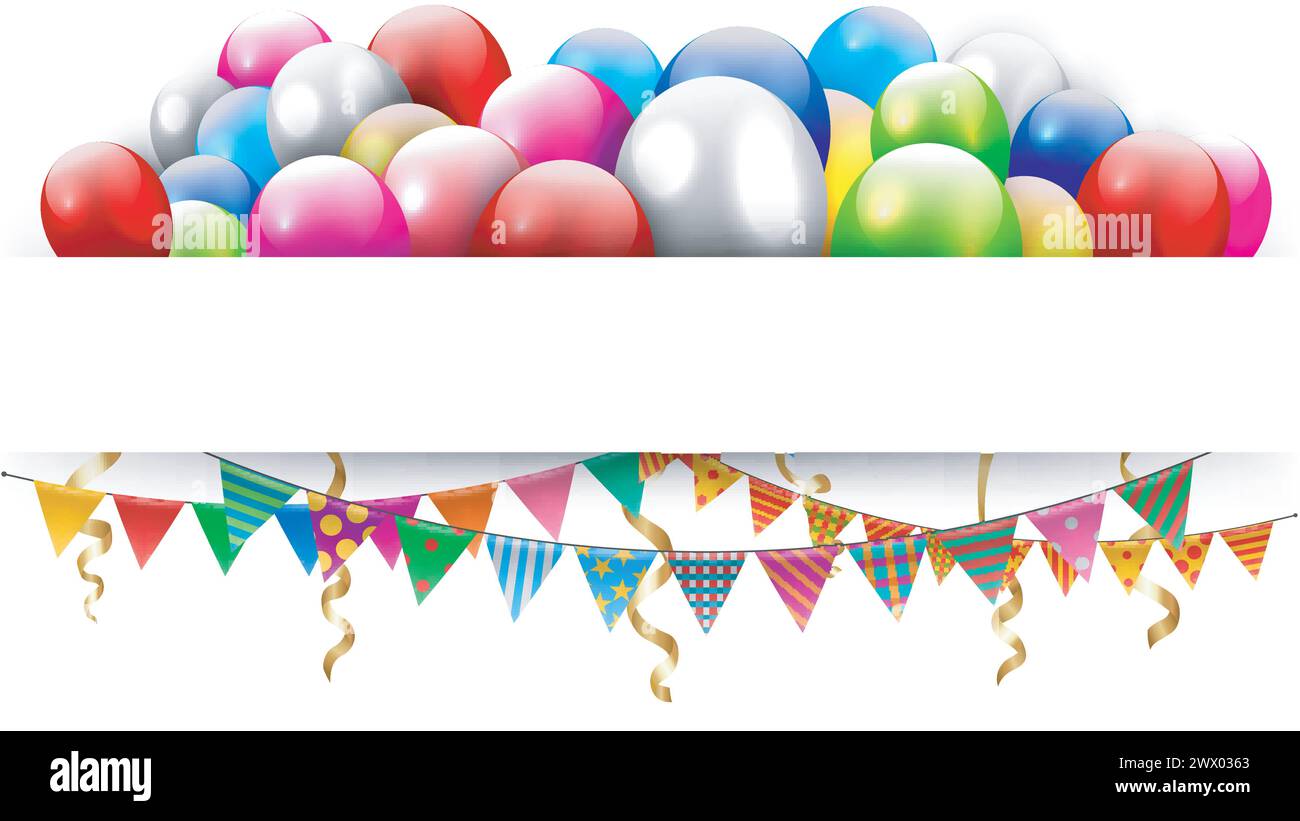 Balloons Floating And Triangle Bunting Flags With Text Space, Vector ...