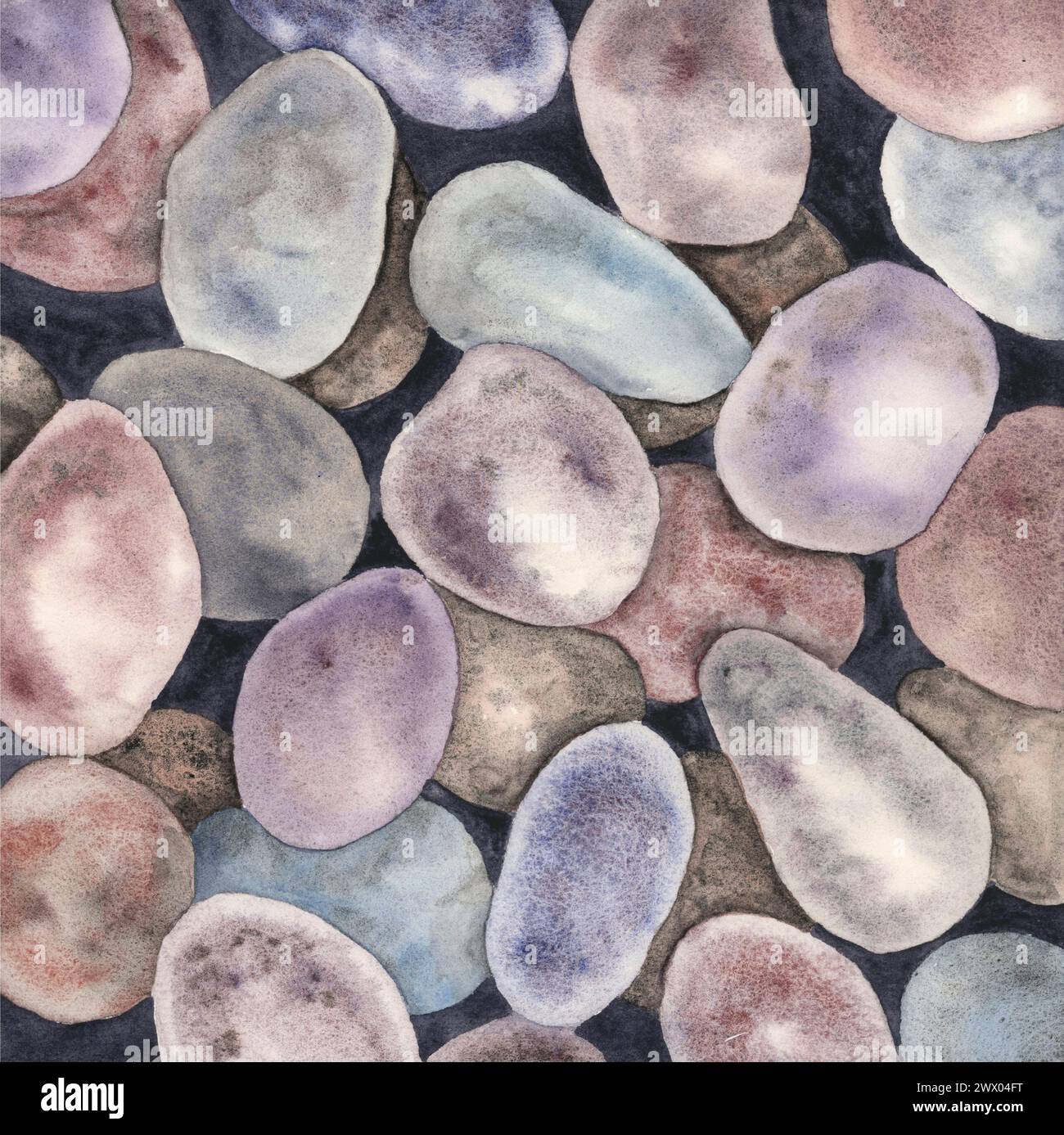 Pebbles in watercolor. Illustration underwater rocks in purple tones ...