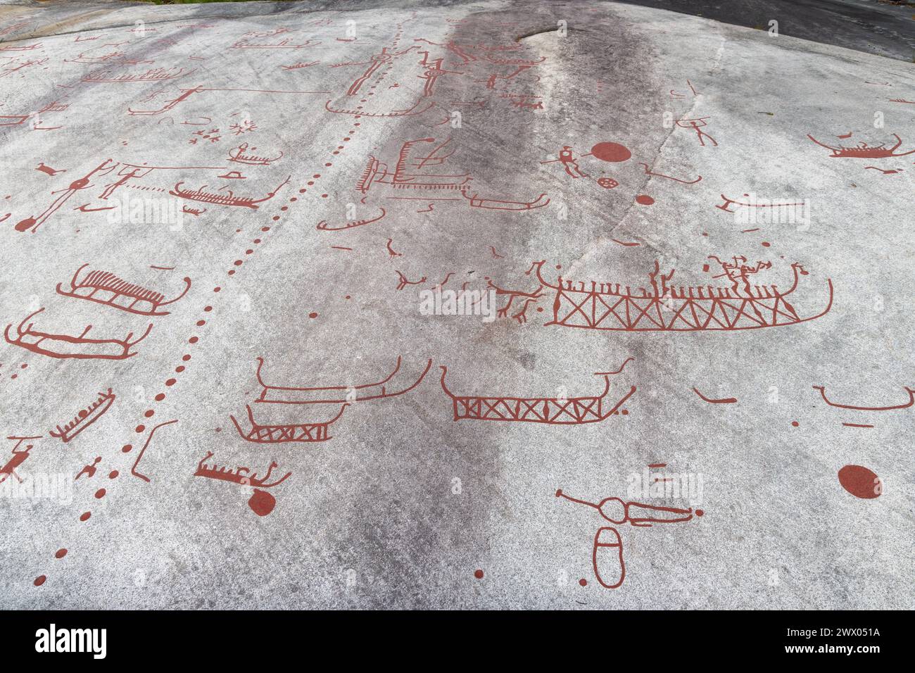 Ancient rock art carvings of ships and animals in Tanum, Sweden Stock ...