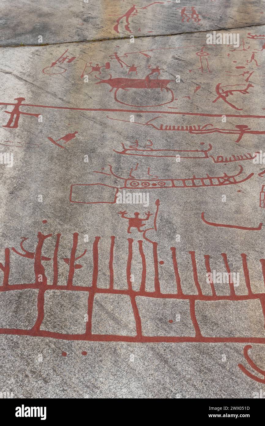 Ancient rock art carvings of ships and animals in Tanum, Sweden Stock ...