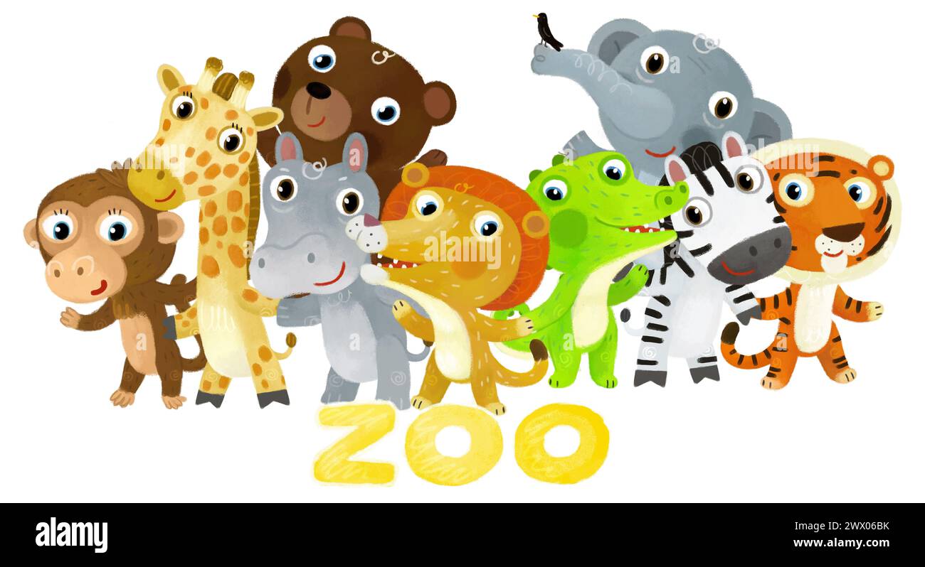 Cartoon zoo scene with zoo animals friends together in amusement park ...