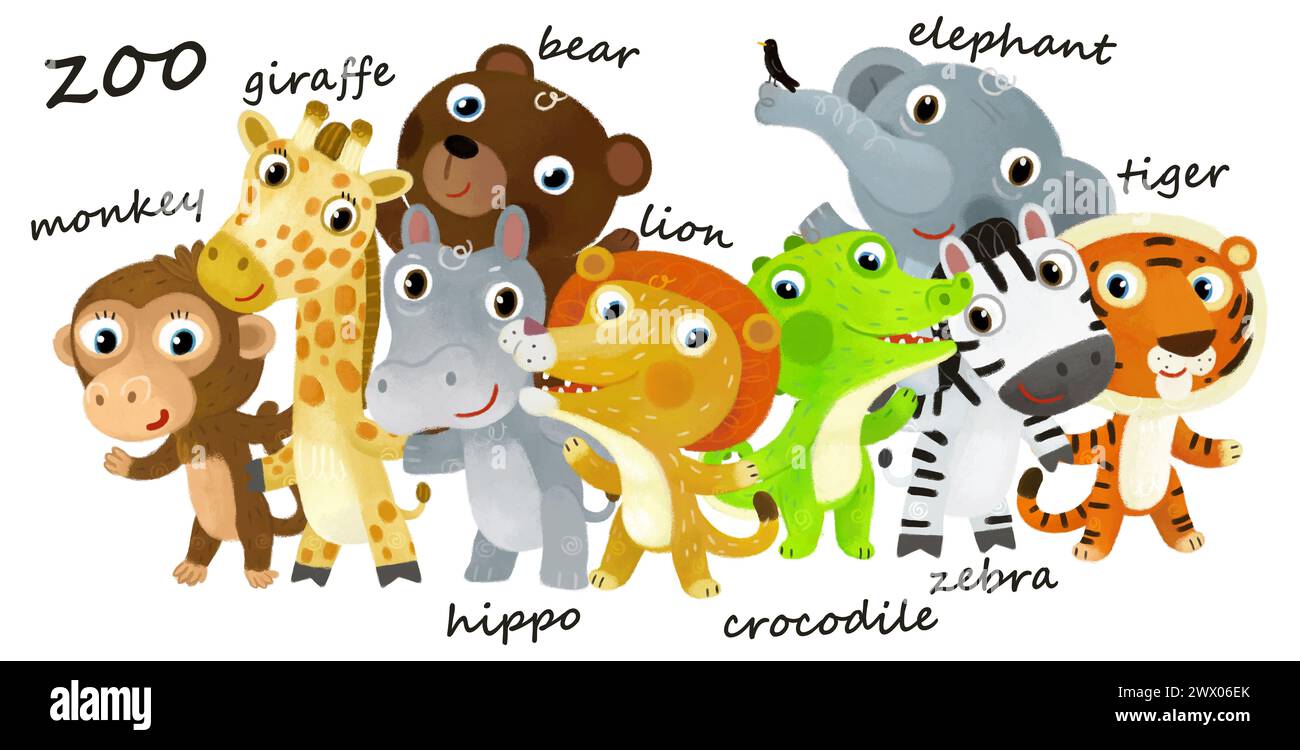 Cartoon zoo scene with zoo animals friends together in amusement park ...