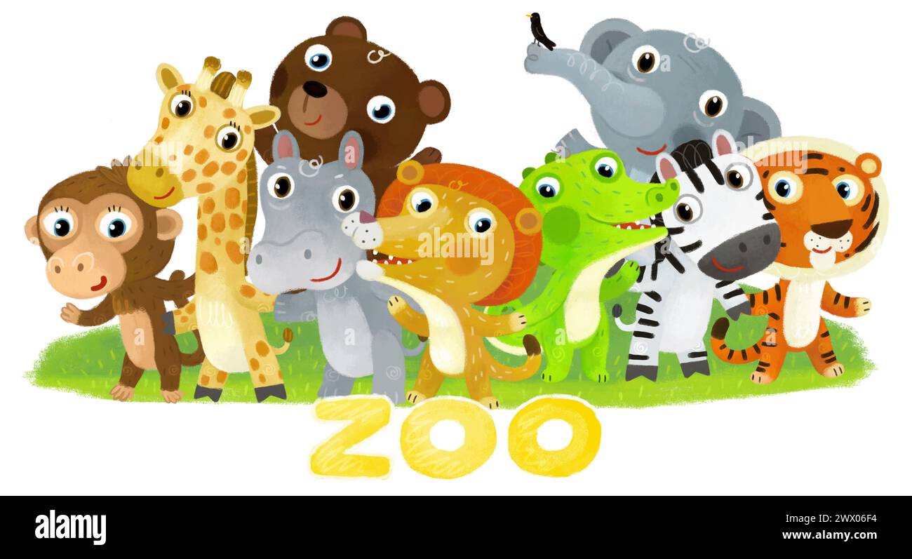 Cartoon zoo scene with zoo animals friends together in amusement park ...