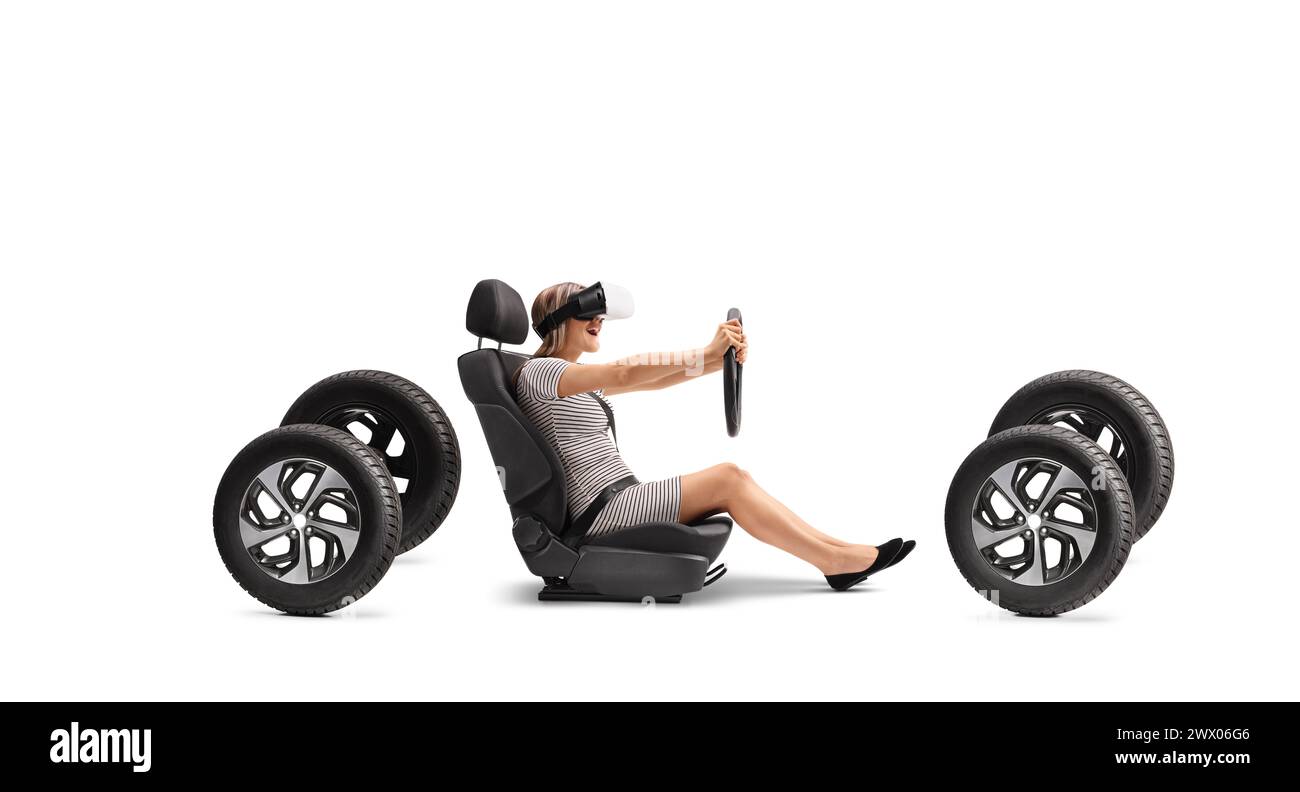 Woman with a VR headset driving isolated on white background Stock ...