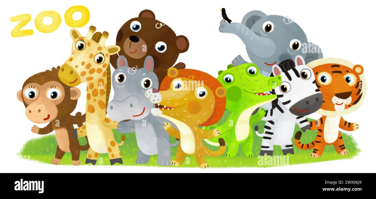 Cartoon zoo scene with zoo animals friends together in amusement park ...