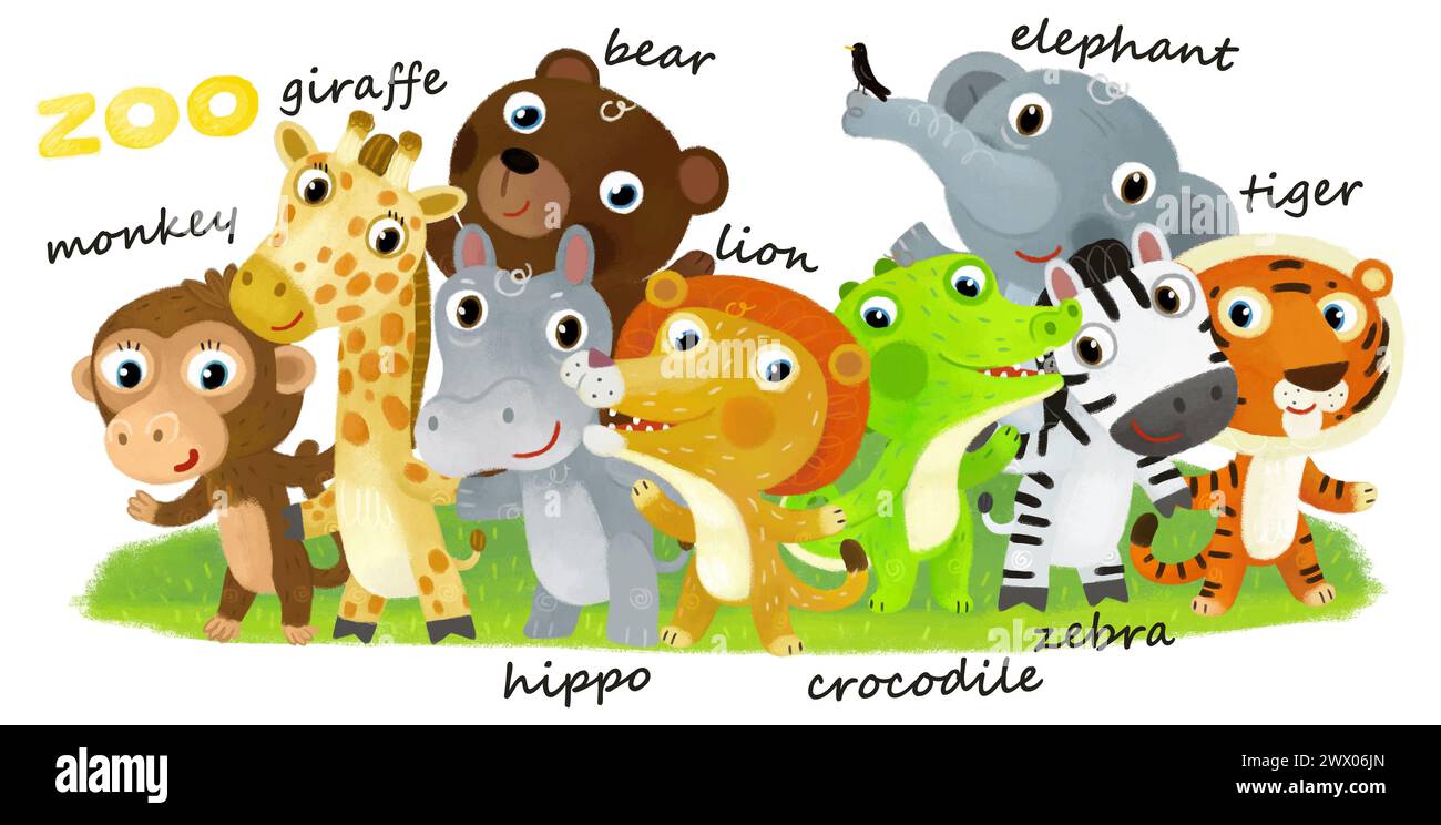 Cartoon zoo scene with zoo animals friends together in amusement park ...