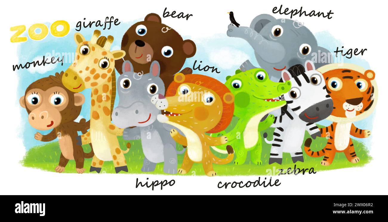 Cartoon zoo scene with zoo animals friends together in amusement park ...