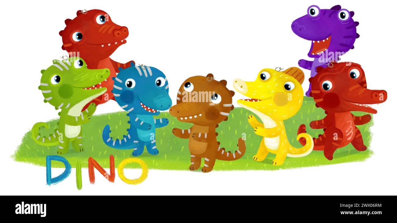 cartoon scene with dino dinosaurs or dragons friends playing having fun ...