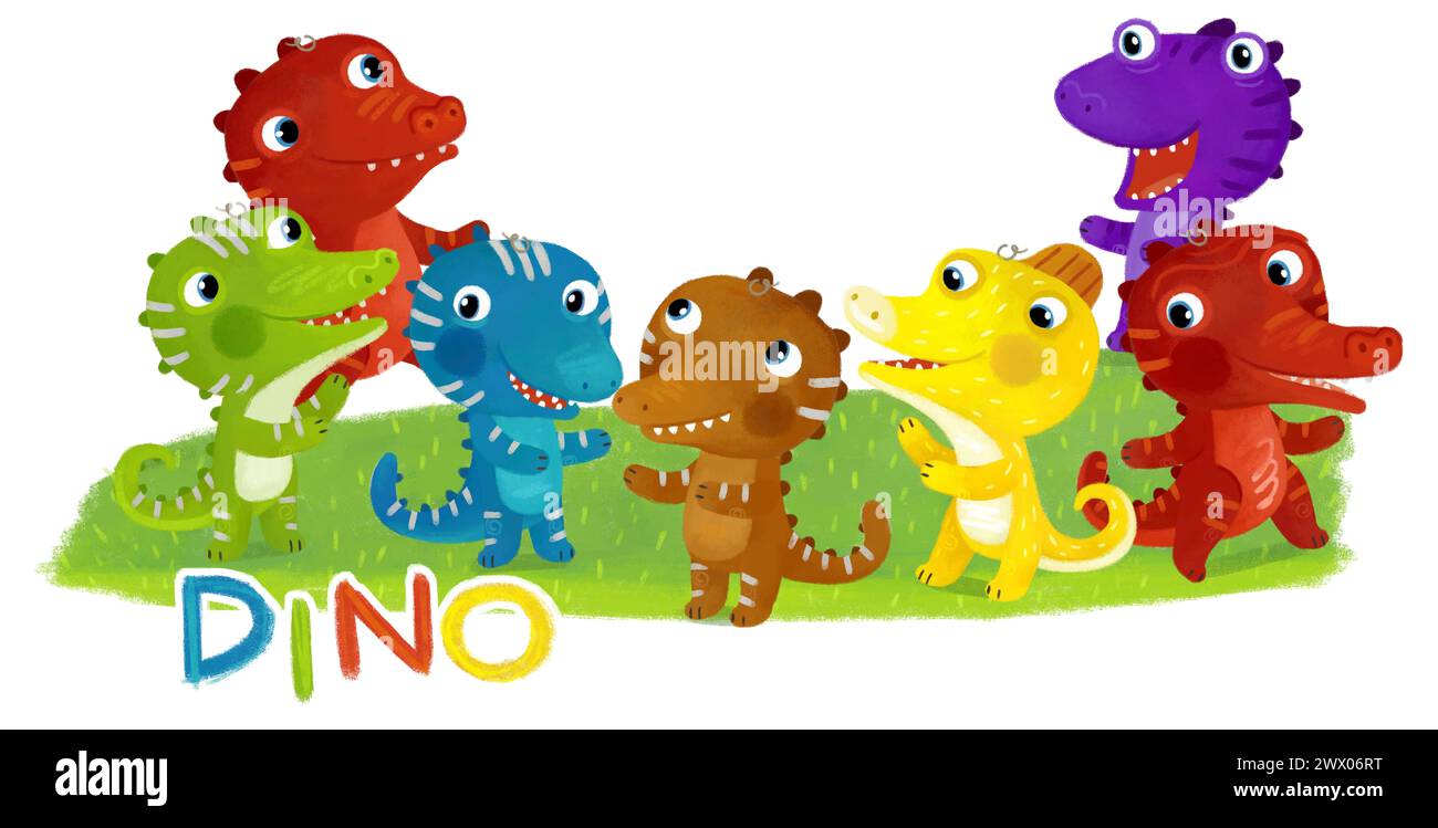 cartoon scene with dino dinosaurs or dragons friends playing having fun ...