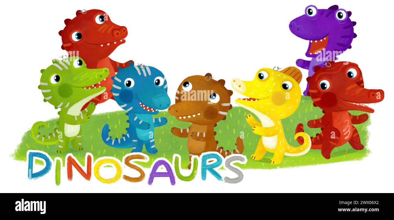 cartoon scene with dino dinosaurs or dragons friends playing having fun ...